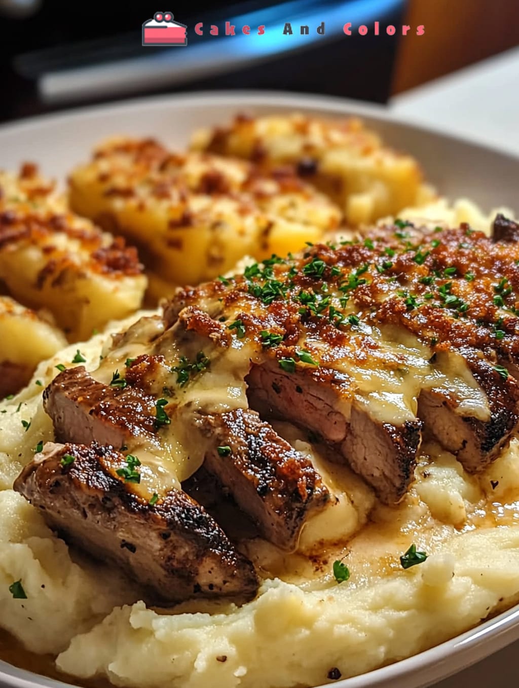 Garlic Parmesan Chicken & Steak Bake with Cheesy Loaded Mashed Potatoes ...